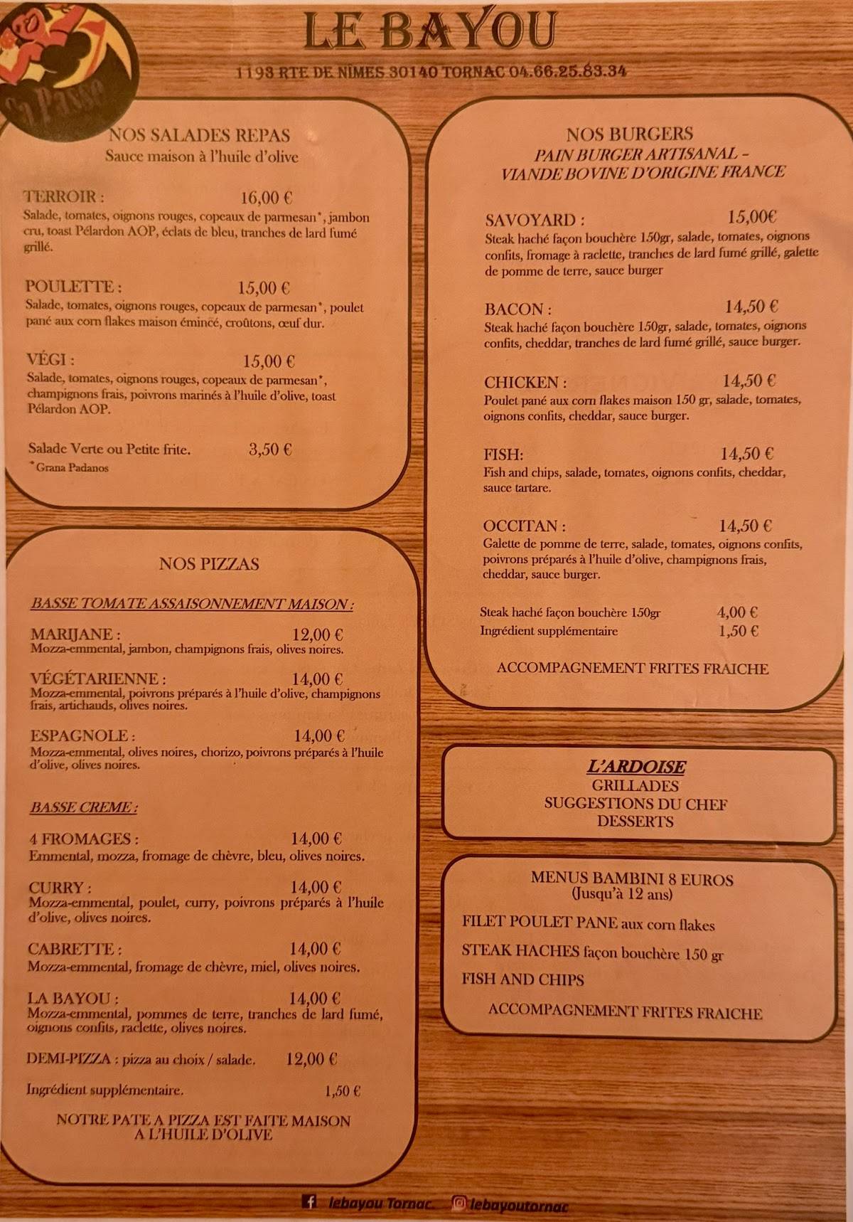 Menu au Le Bayou restaurant, Tornac