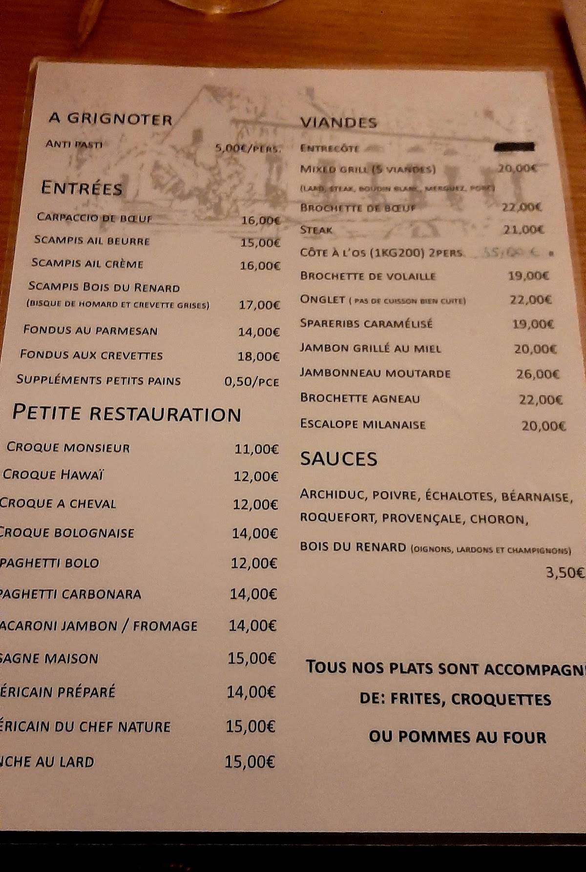 Menu au Le Bois du Renard, Ath