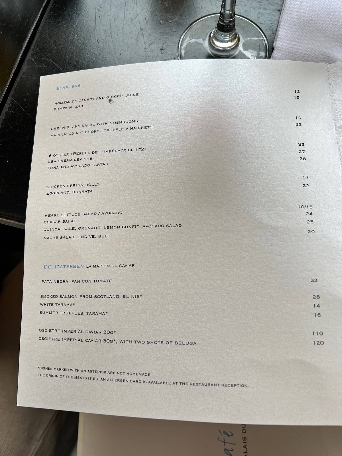 Menu at Le Café Marly, Paris, 93 Rue de Rivoli
