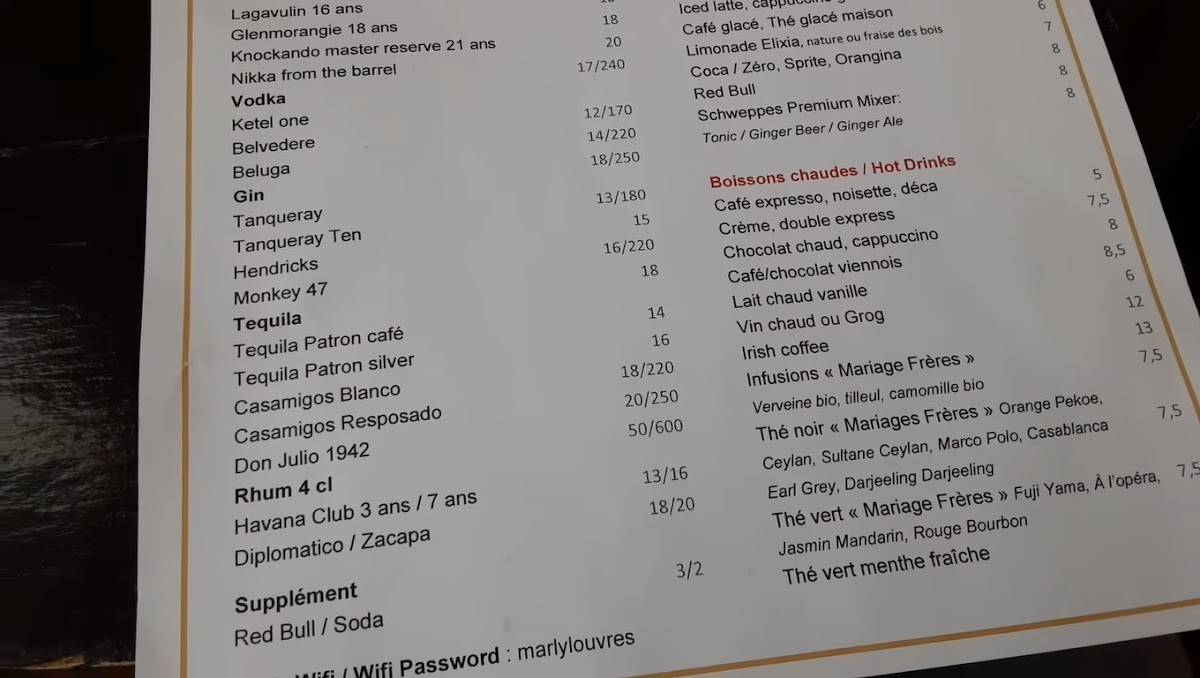 Menu at Le Café Marly, Paris, 93 Rue de Rivoli