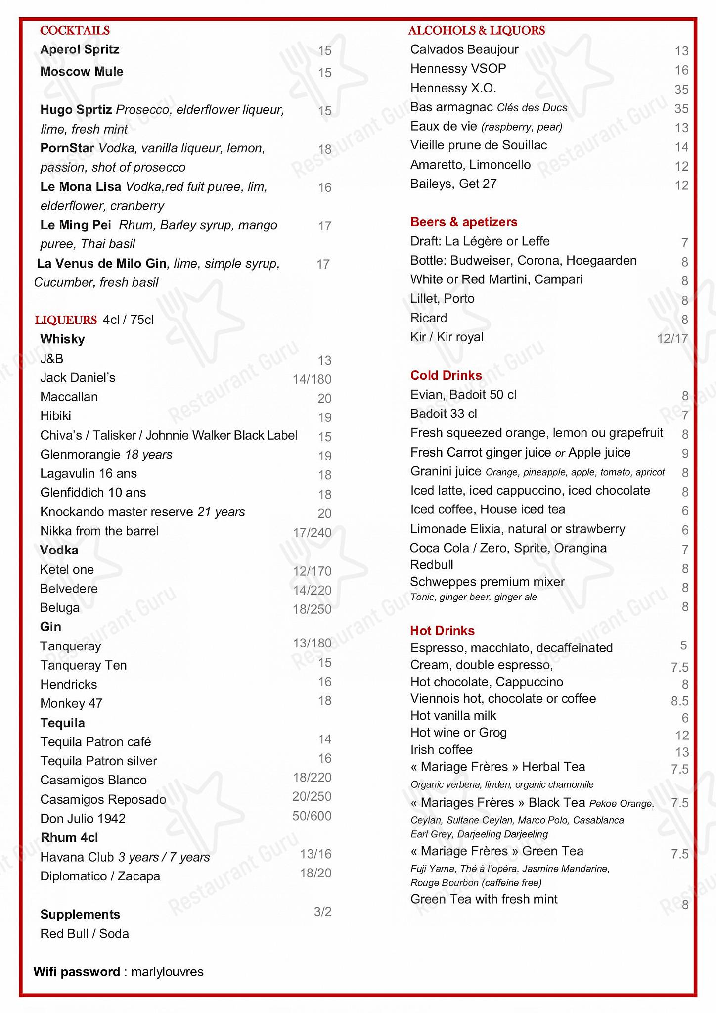 Menu at Le Café Marly, Paris, 93 Rue de Rivoli