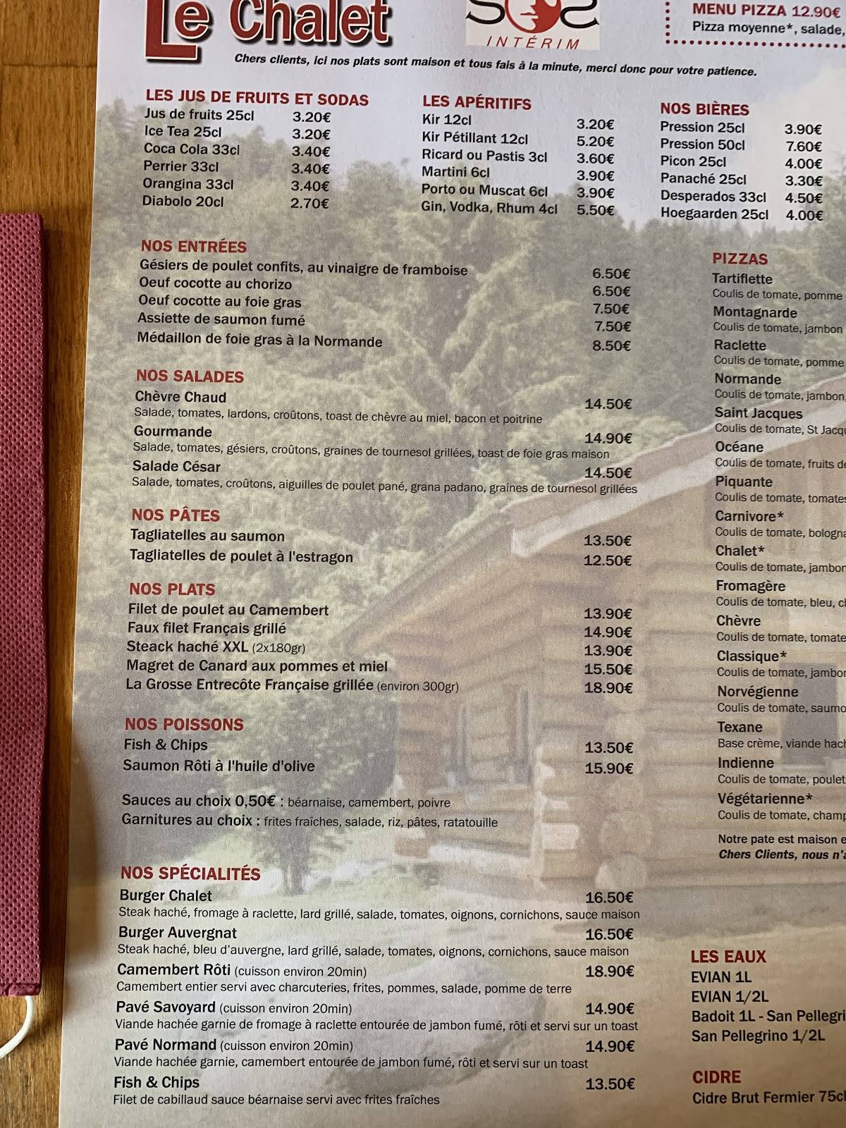 Menu au Le Chalet restaurant, Bourg-Achard