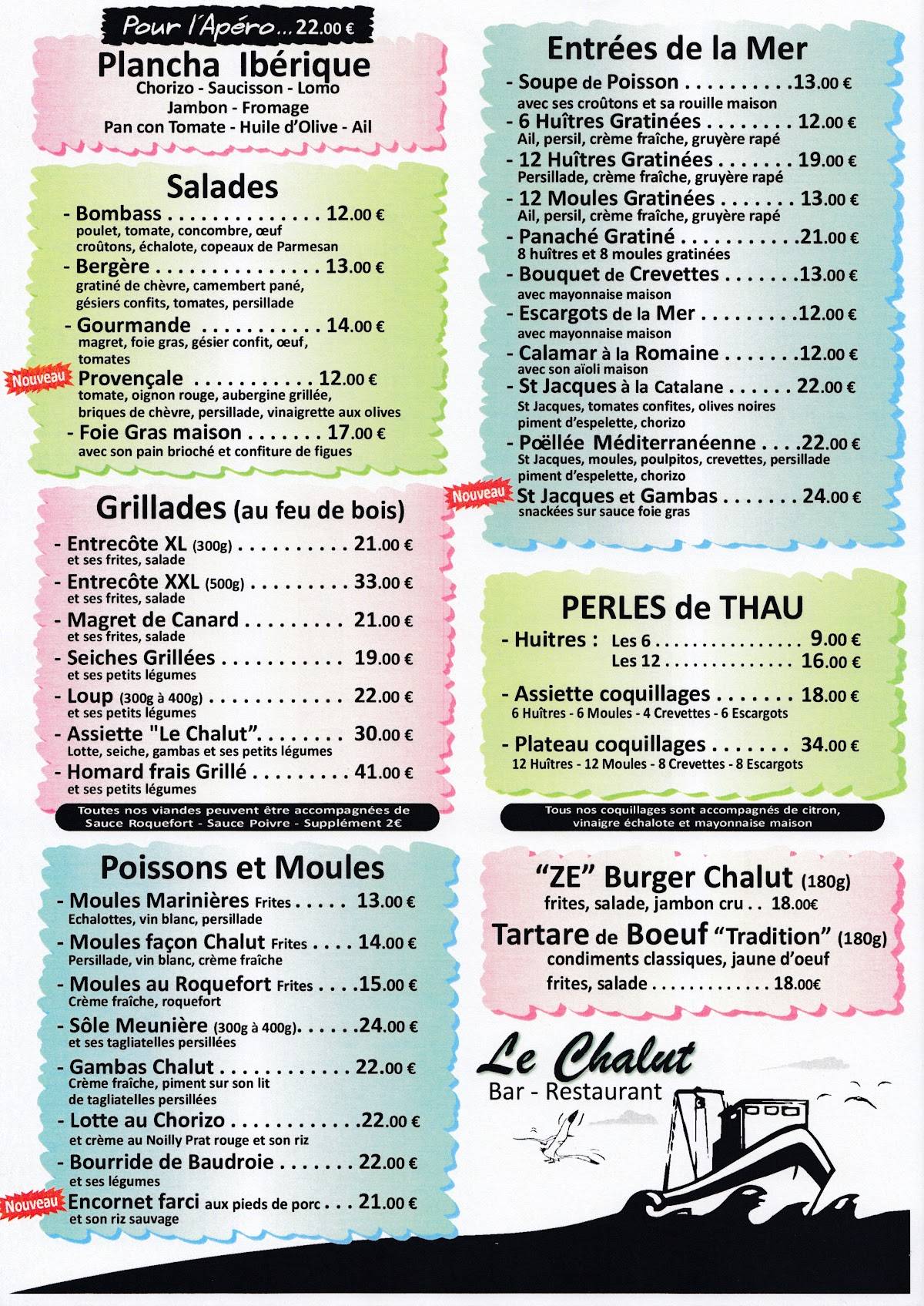Menu at Le Chalut restaurant, Marseillan