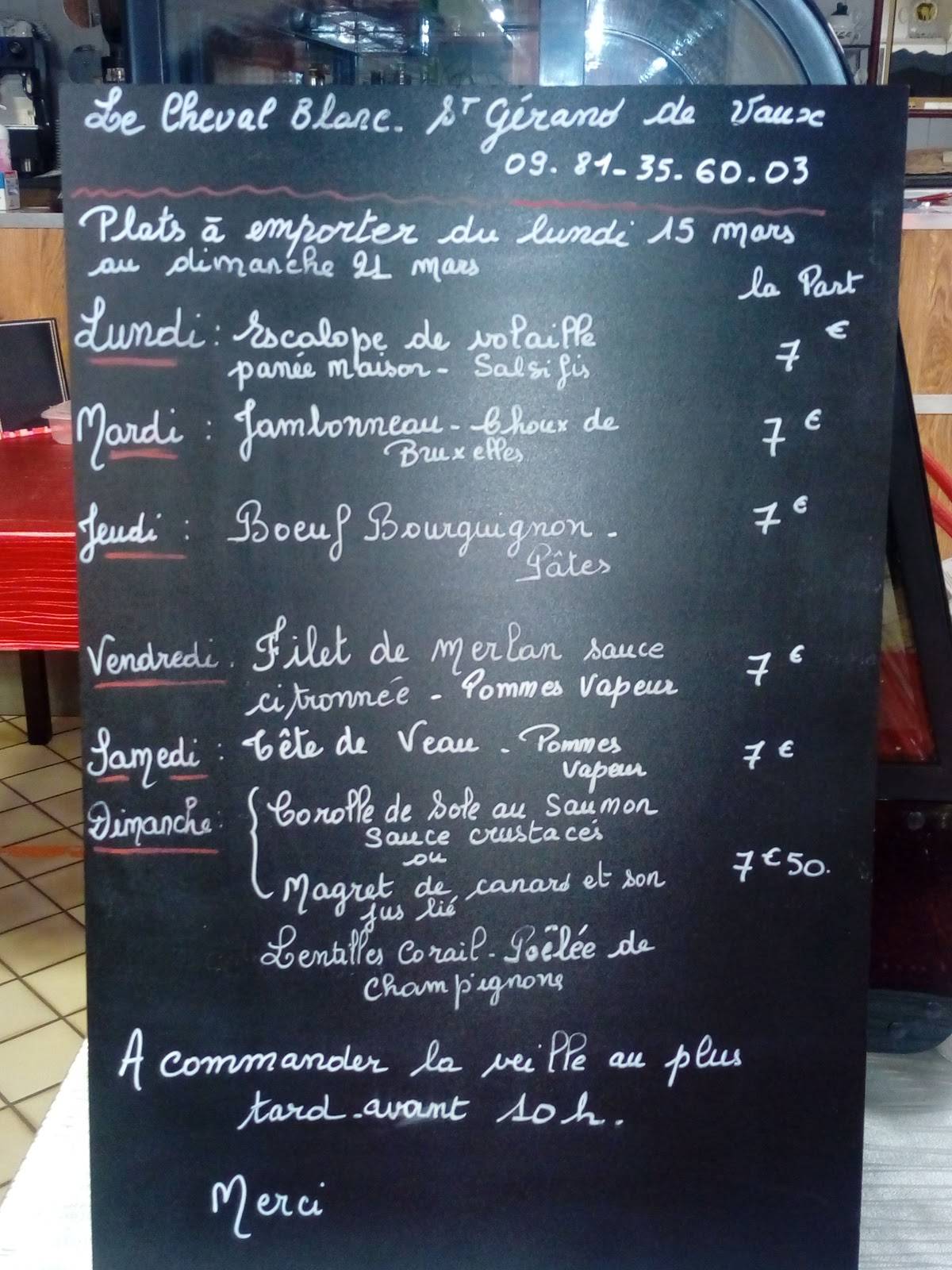 Menu au Le Cheval Blanc restaurant, Saint-Gérand-de-Vaux