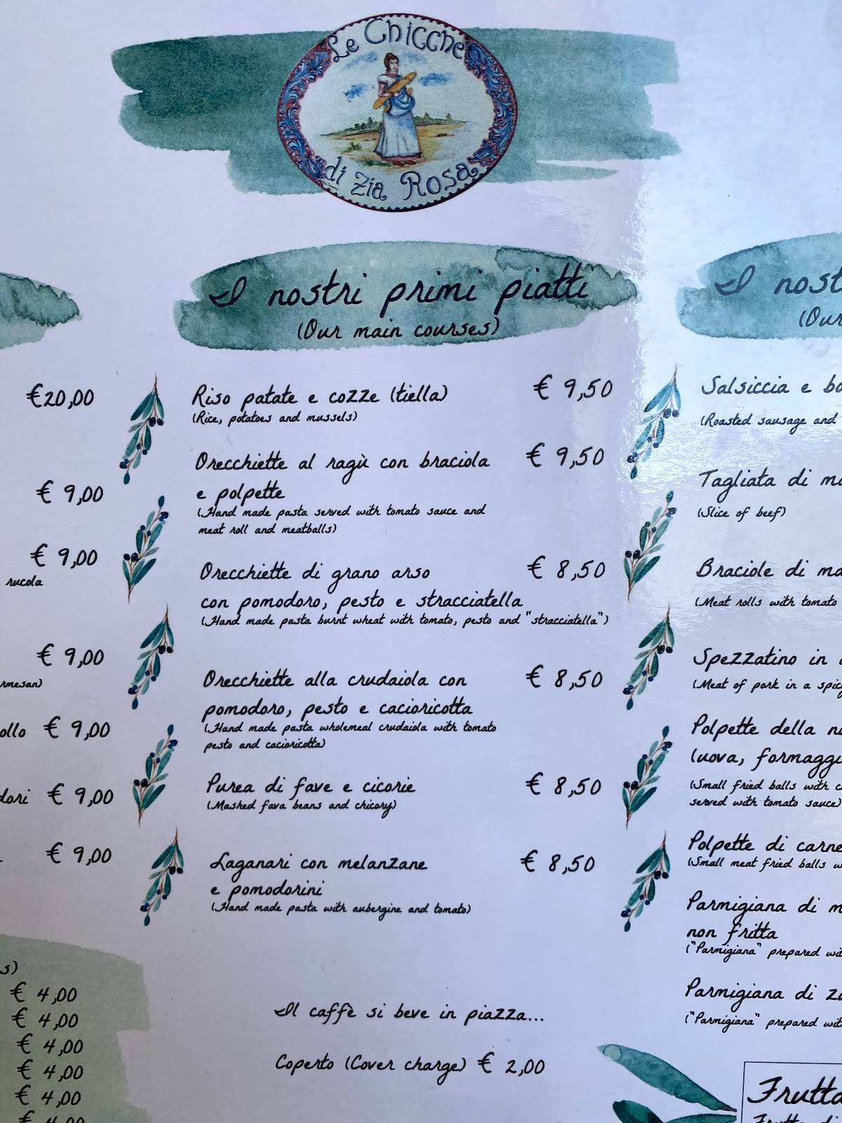 Menu da Le Chicche di Zia Rosa ristorante, Cisternino