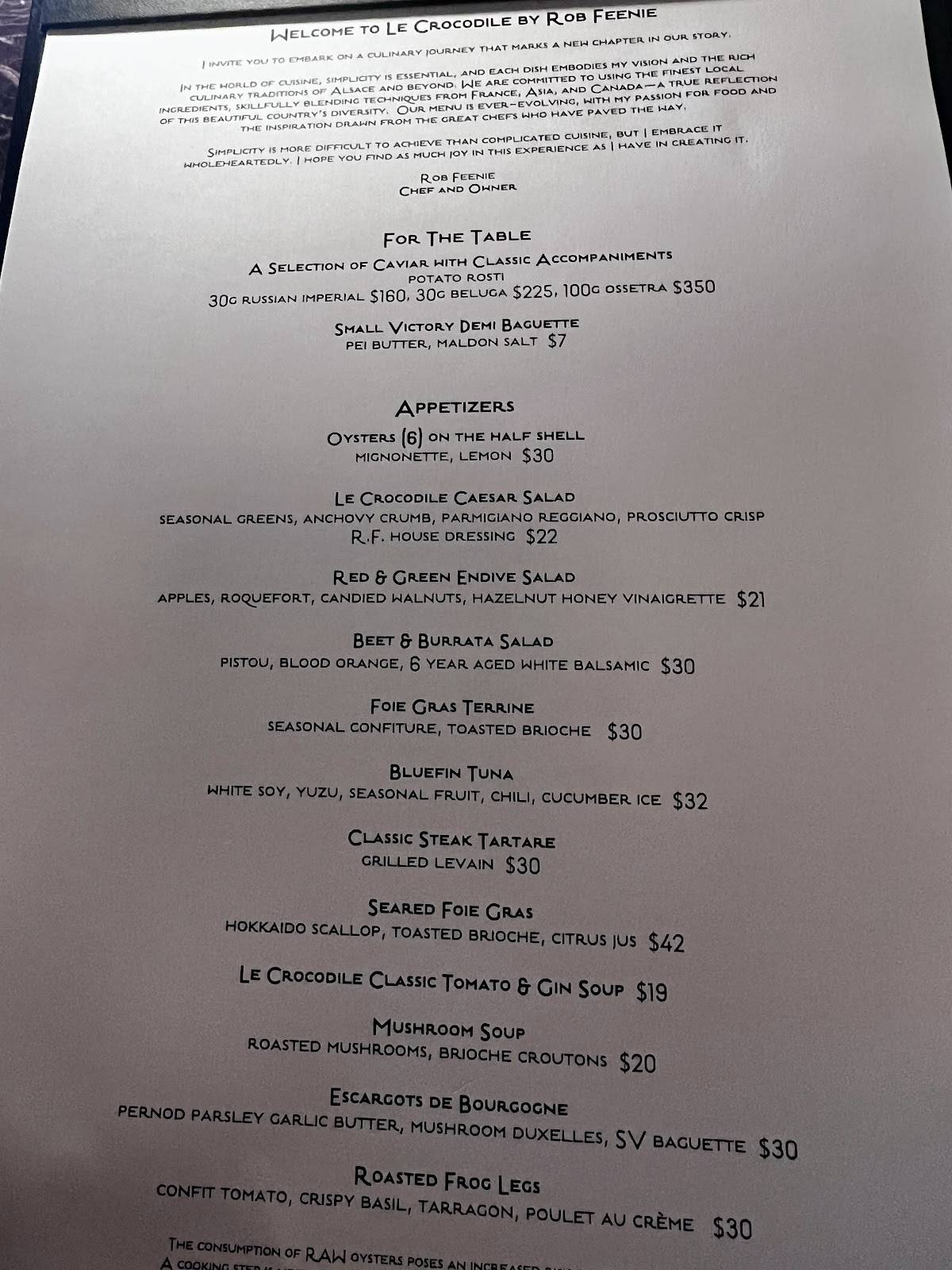 Menu at Le Crocodile by Rob Feenie restaurant, Vancouver