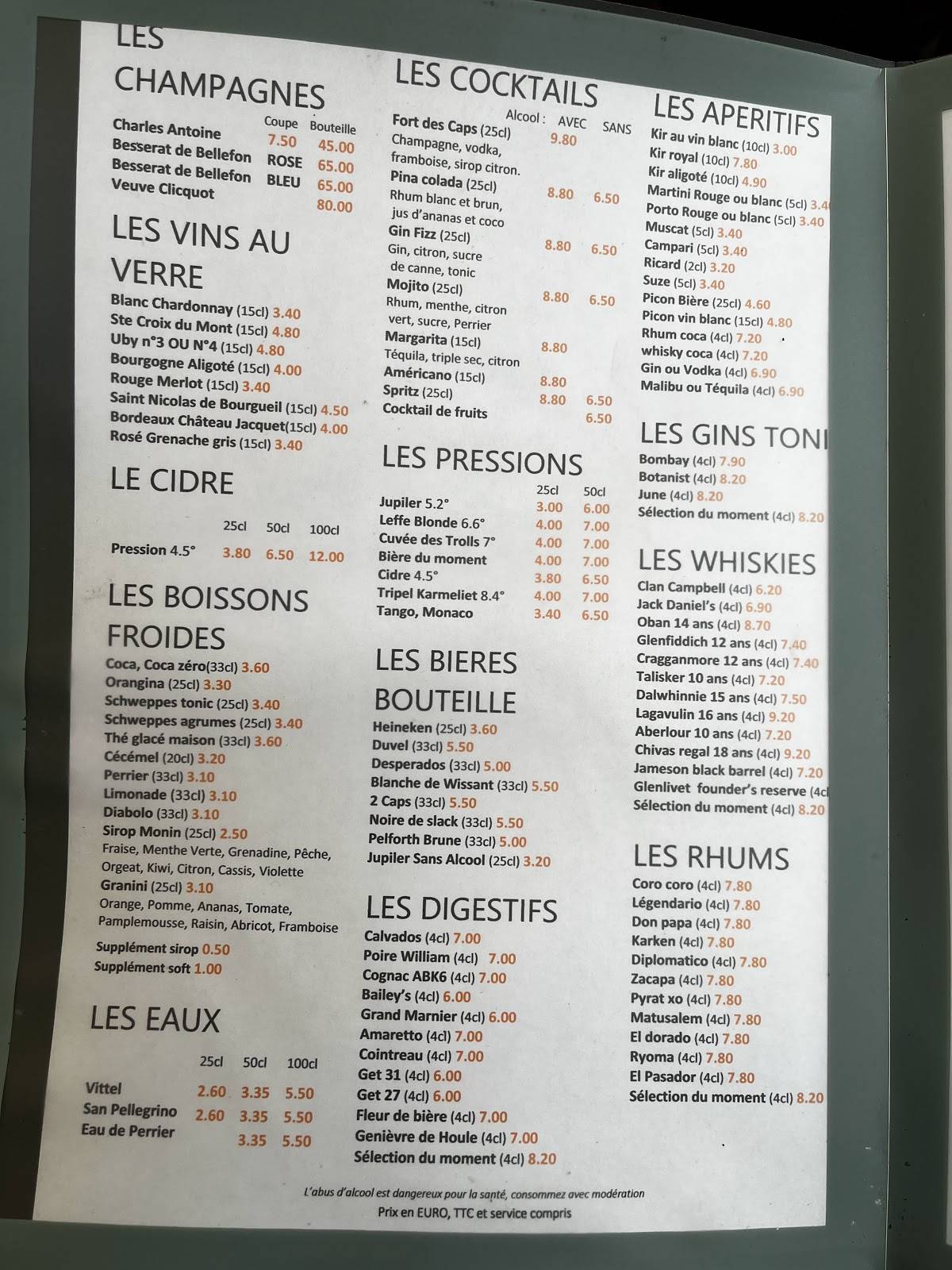 Menu au Le Fort des Caps restaurant, Ambleteuse