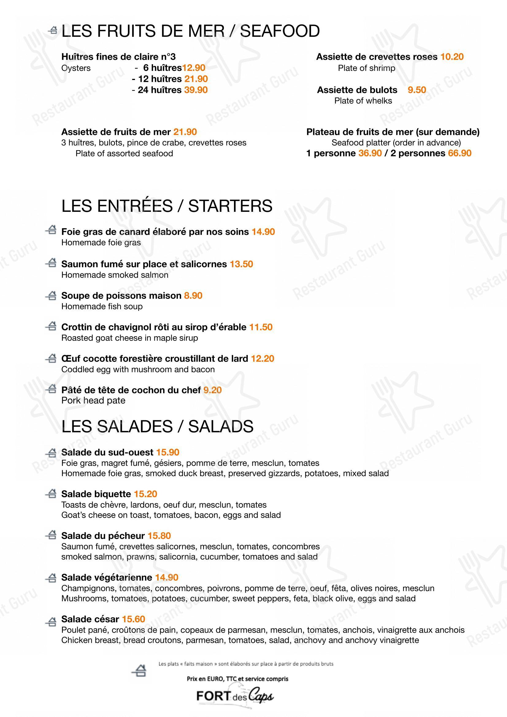 Menu au Restaurant Fort des Caps Ambleteuse, Ambleteuse