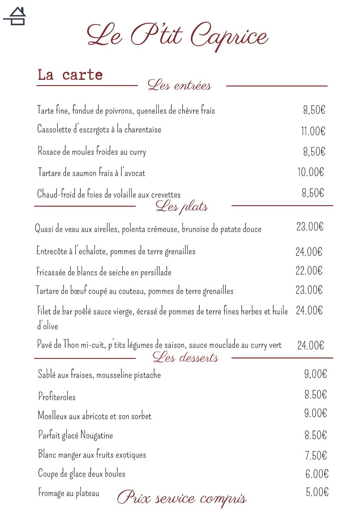Menu au Le P'tit Caprice restaurant, Vouhé