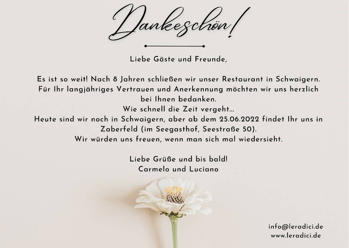 Carta de Le Radici Ristorante Pizzeria Biergarten, Zaberfeld