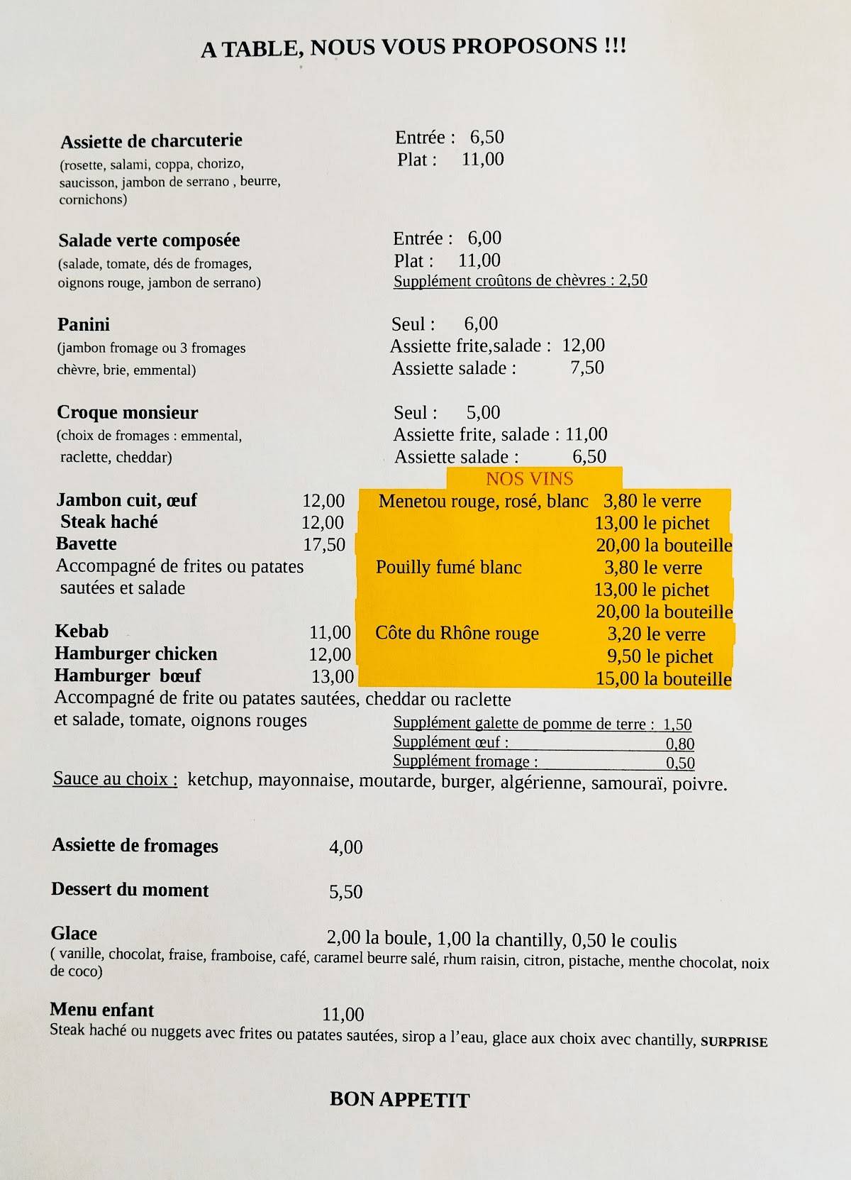 Menu au Le Relais Saint Georges restaurant, Sancoins