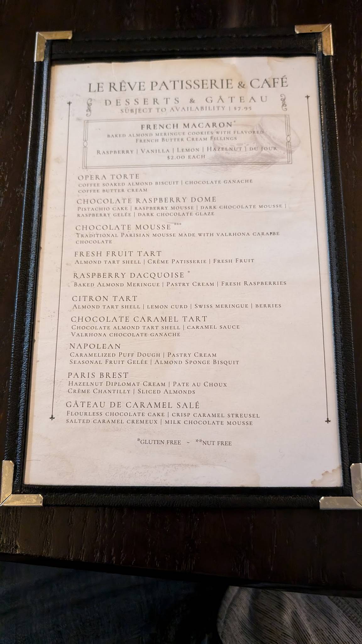 Menu at Le Reve Pâtisserie & Café restaurant, Wauwatosa