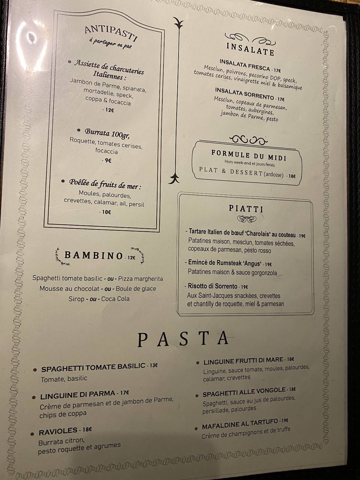 Menu au Le Sorrento restaurant, Cognac