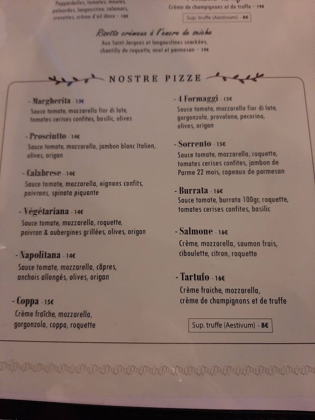 Menu au Le Sorrento restaurant, Cognac