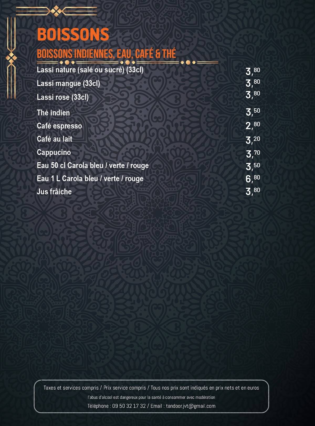 Menu au Le Tandoor Restaurant Indien, Strasbourg