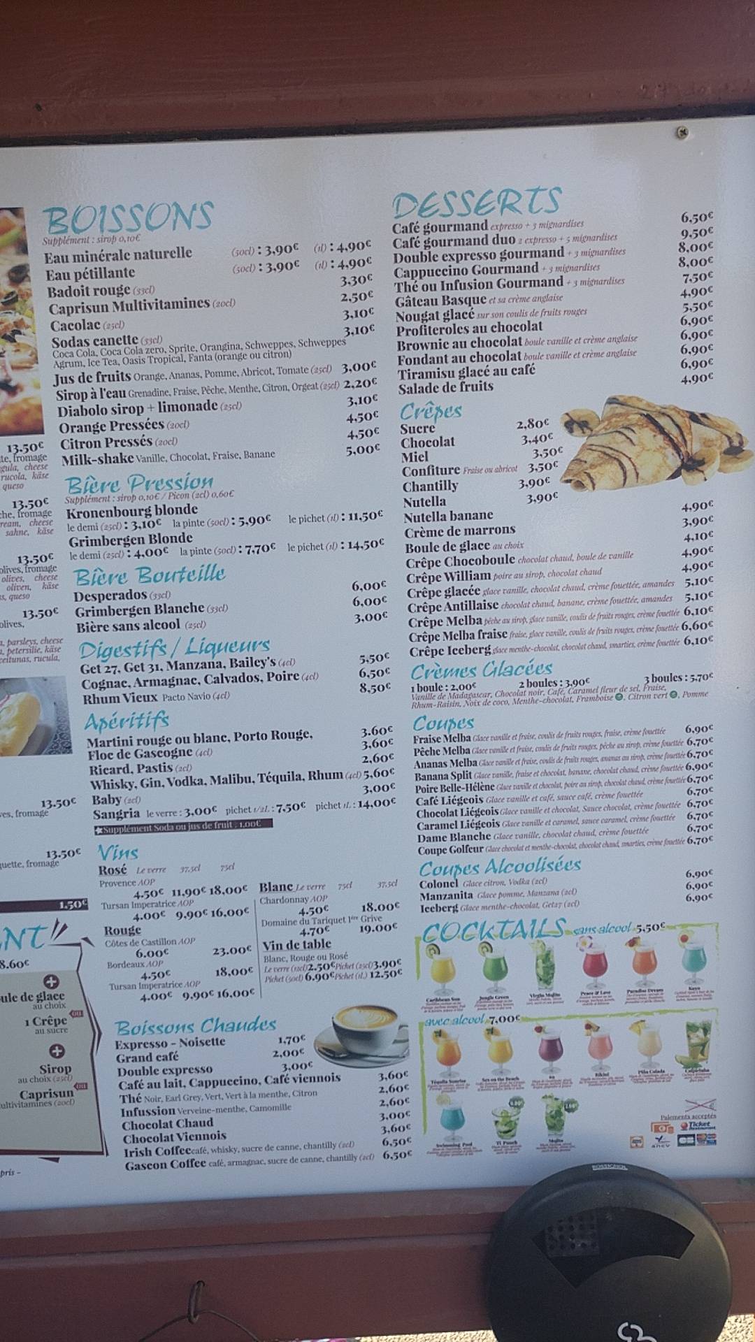 Menu au LE TRANSAT pub et bar, Biarritz