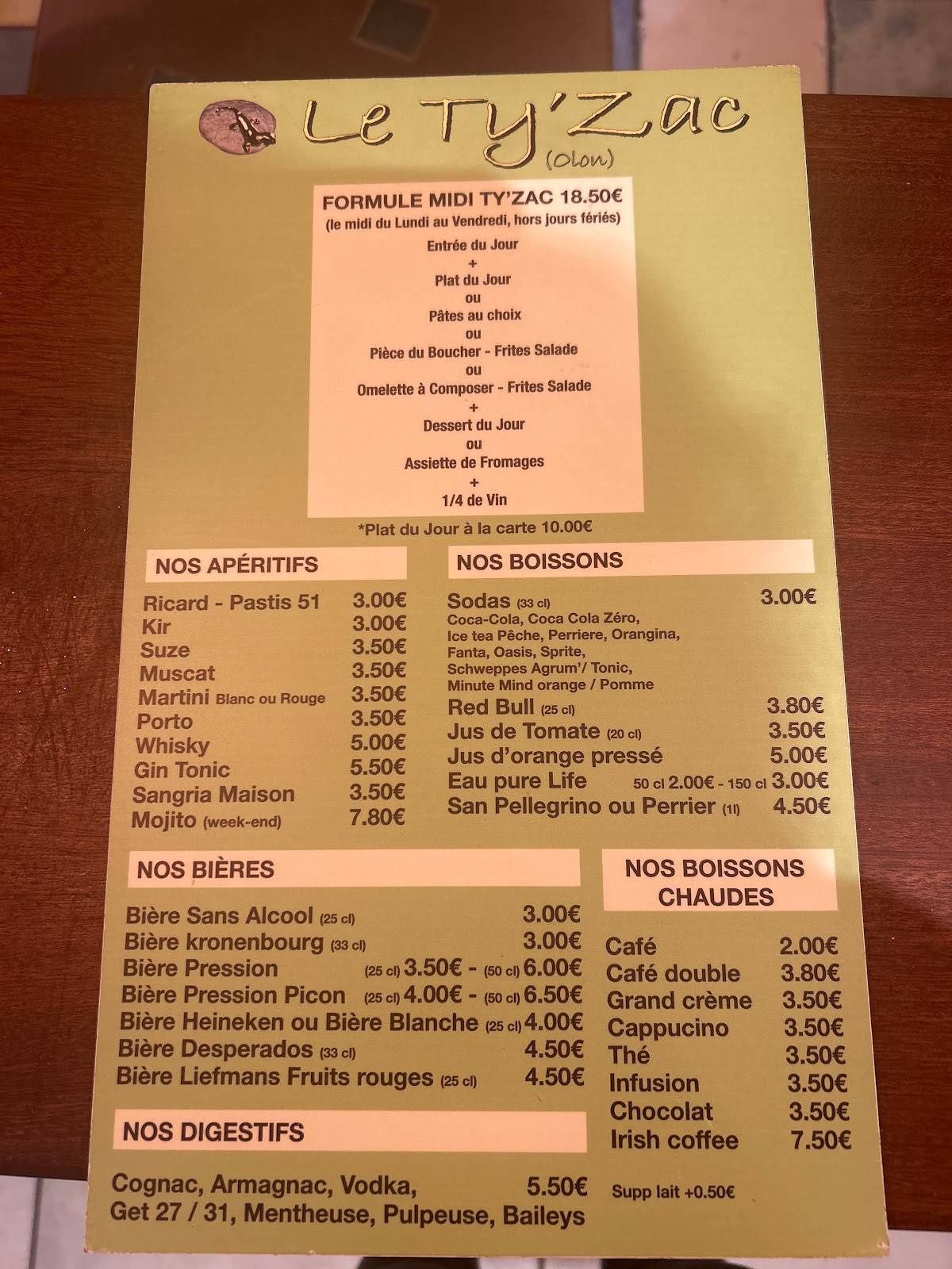 Menu at Le Ty Zac restaurant, Olonzac
