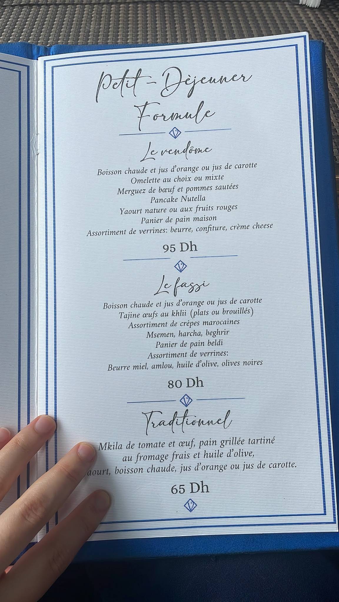 Menu au Le Vendôme restaurant, Casablanca