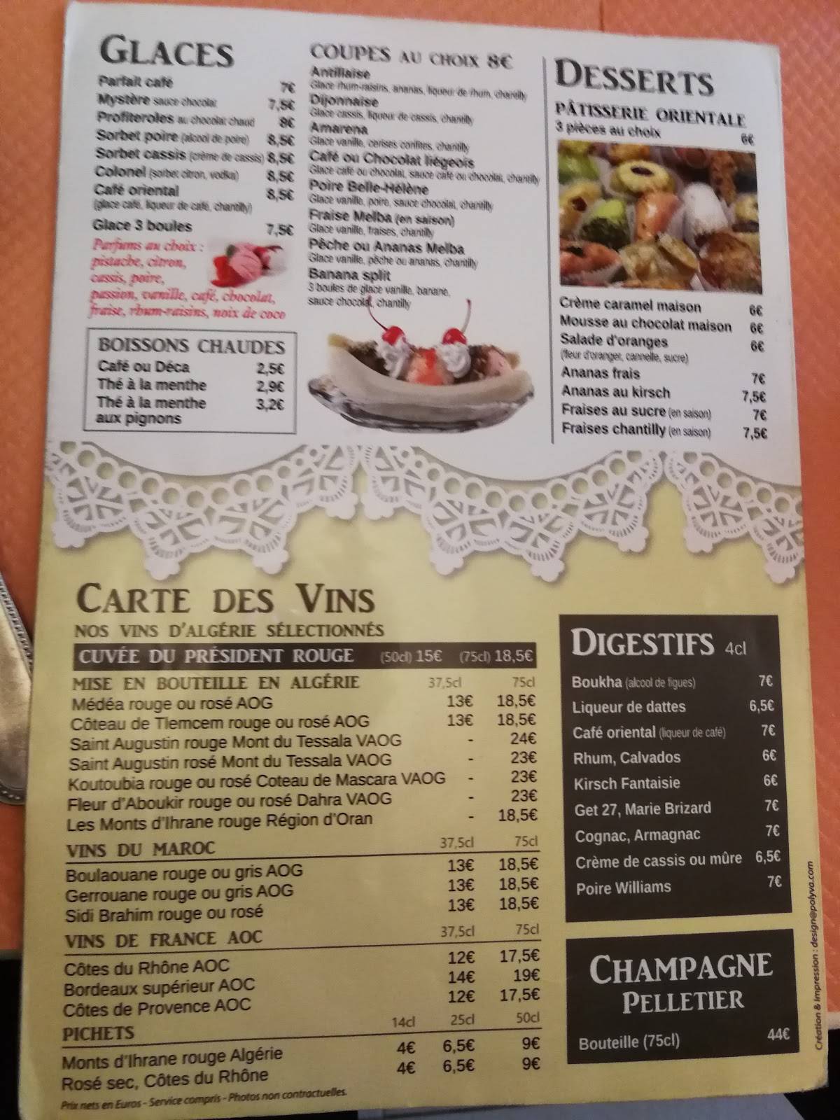 Menu au Le Vieil Alger restaurant, Paris