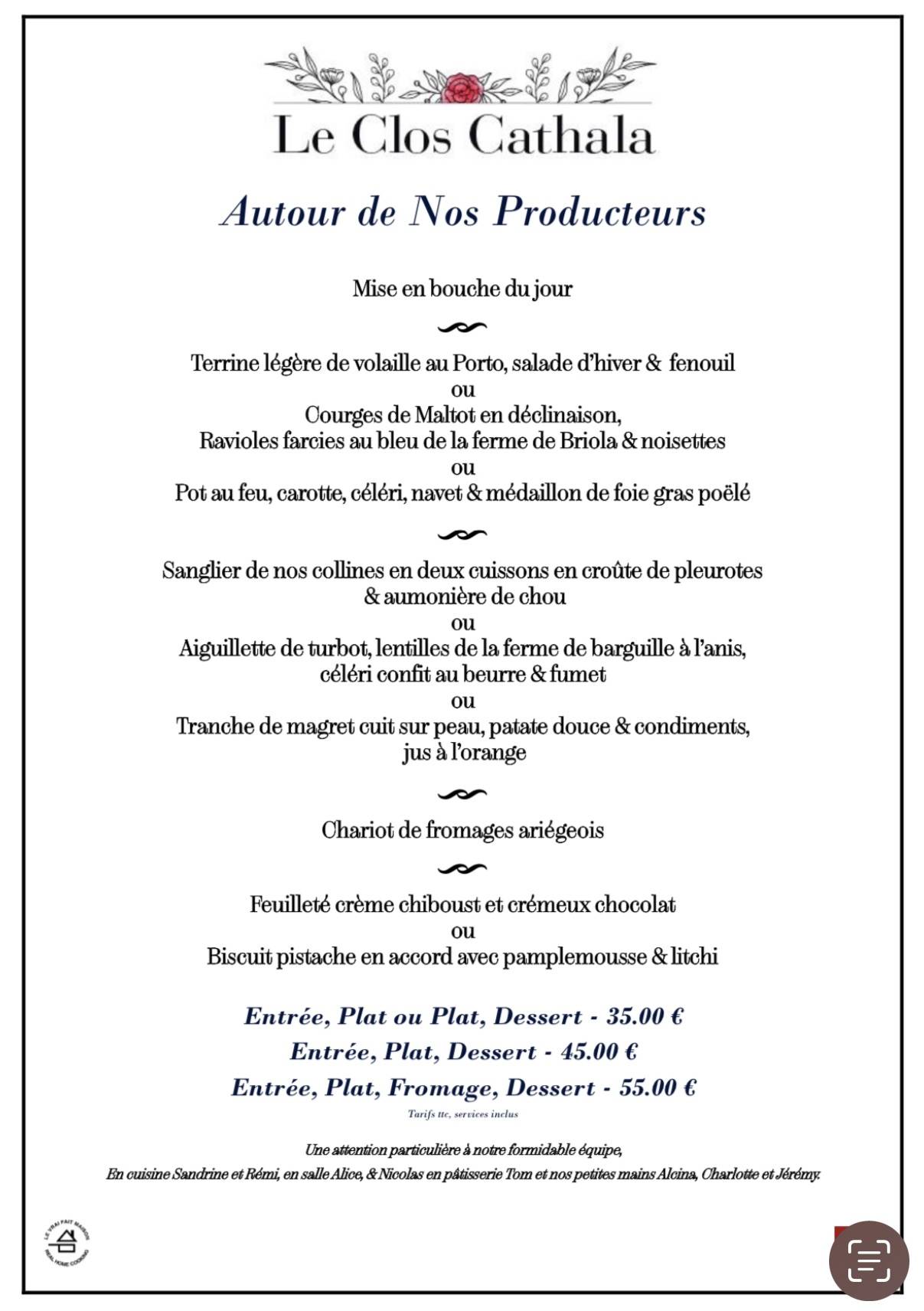 Menu au Le Clos Cathala restaurant, Saint-Paul-de-Jarrat