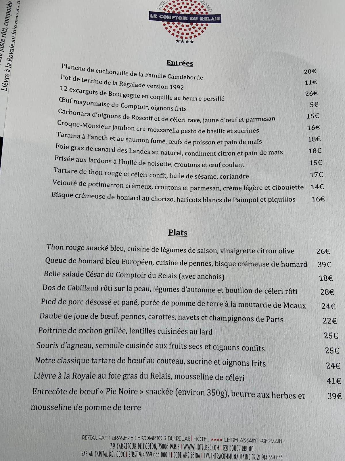 Menu at Le comptoir du Relais cafe, Paris, 9 Carr de l'Odéon
