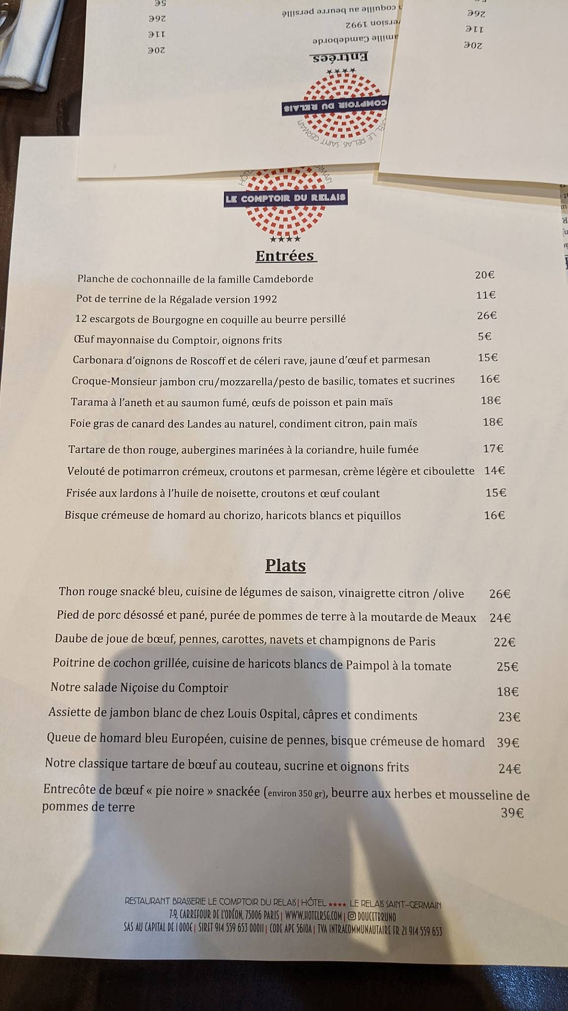 Menu au Le comptoir du Relais café, Paris, 9 Carr de l'Odéon