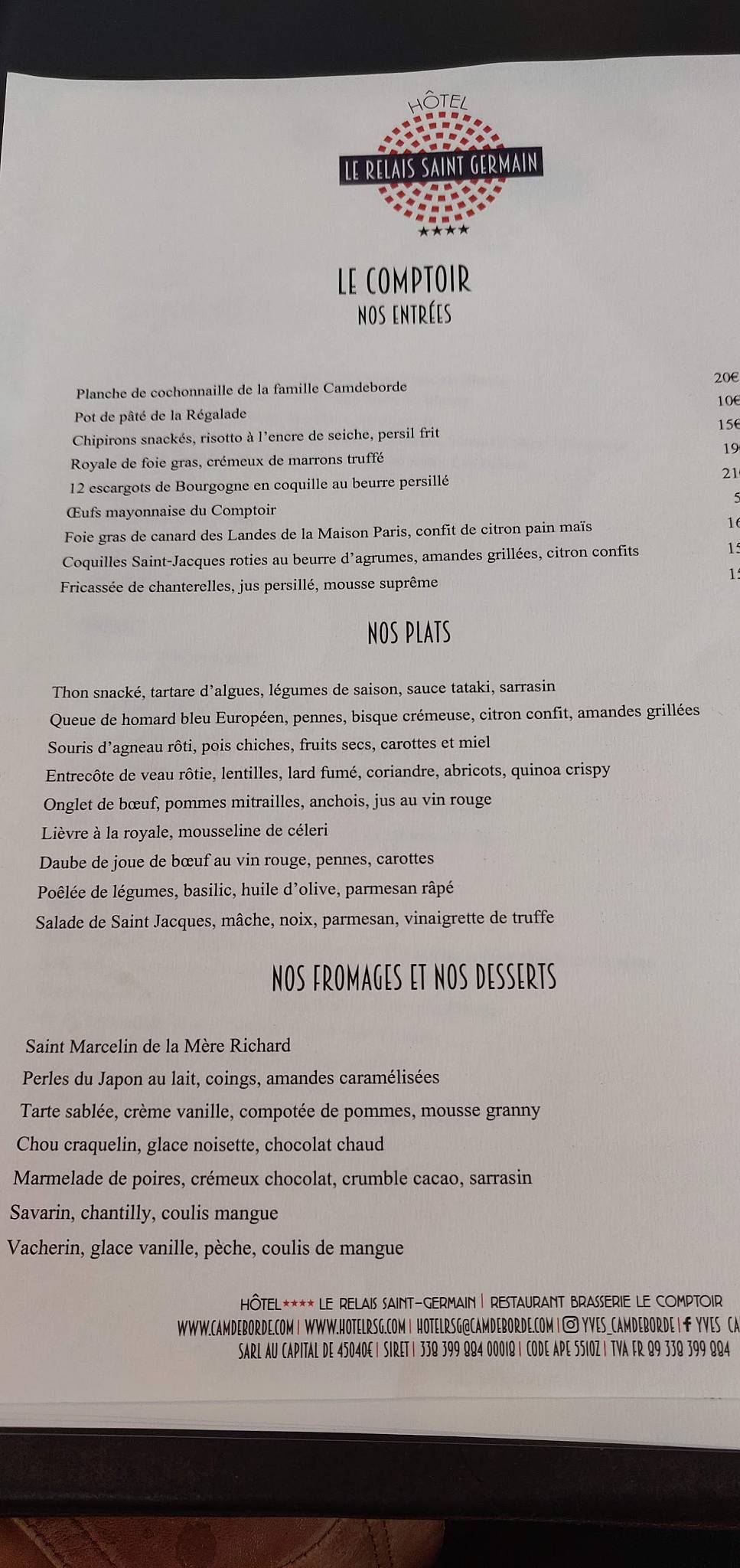 Menu at Le comptoir du Relais cafe, Paris, 9 Carr de l'Odéon