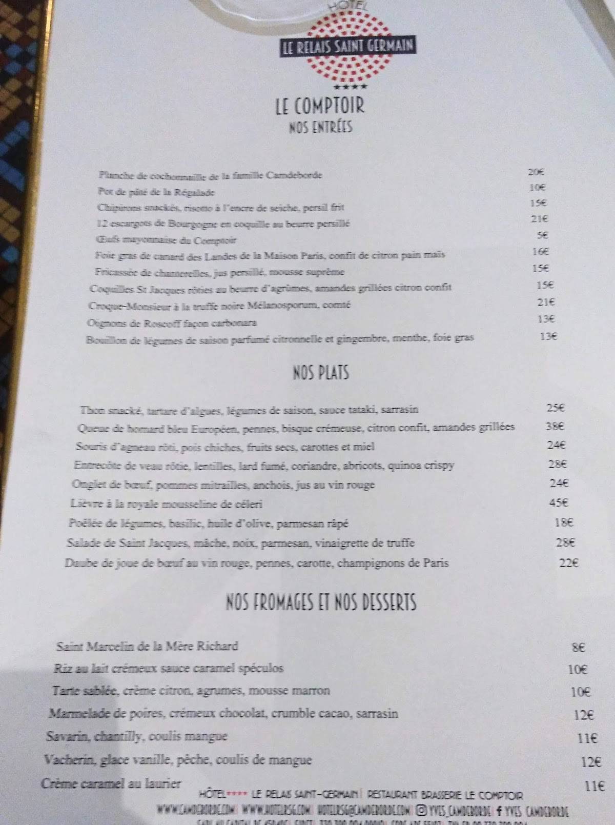 Menu at Le comptoir du Relais cafe, Paris, 9 Carr de l'Odéon