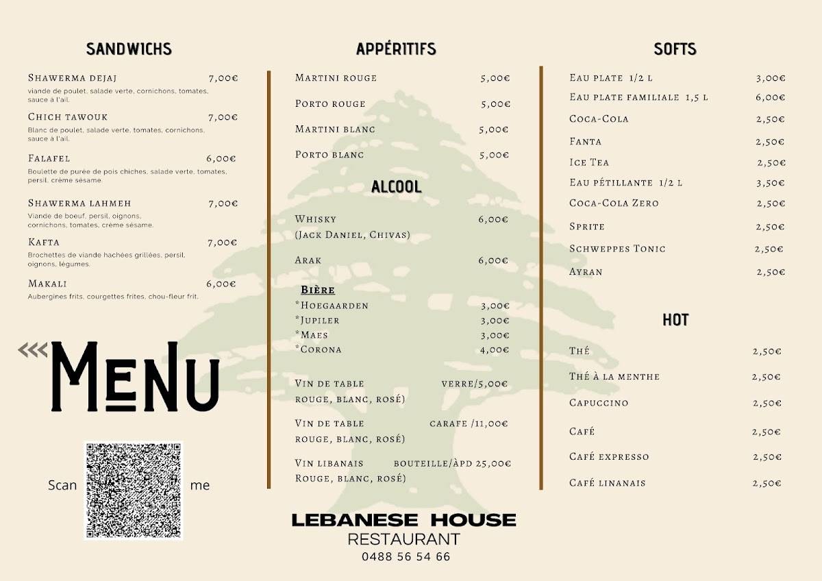 Menu at Lebanese House, Jette