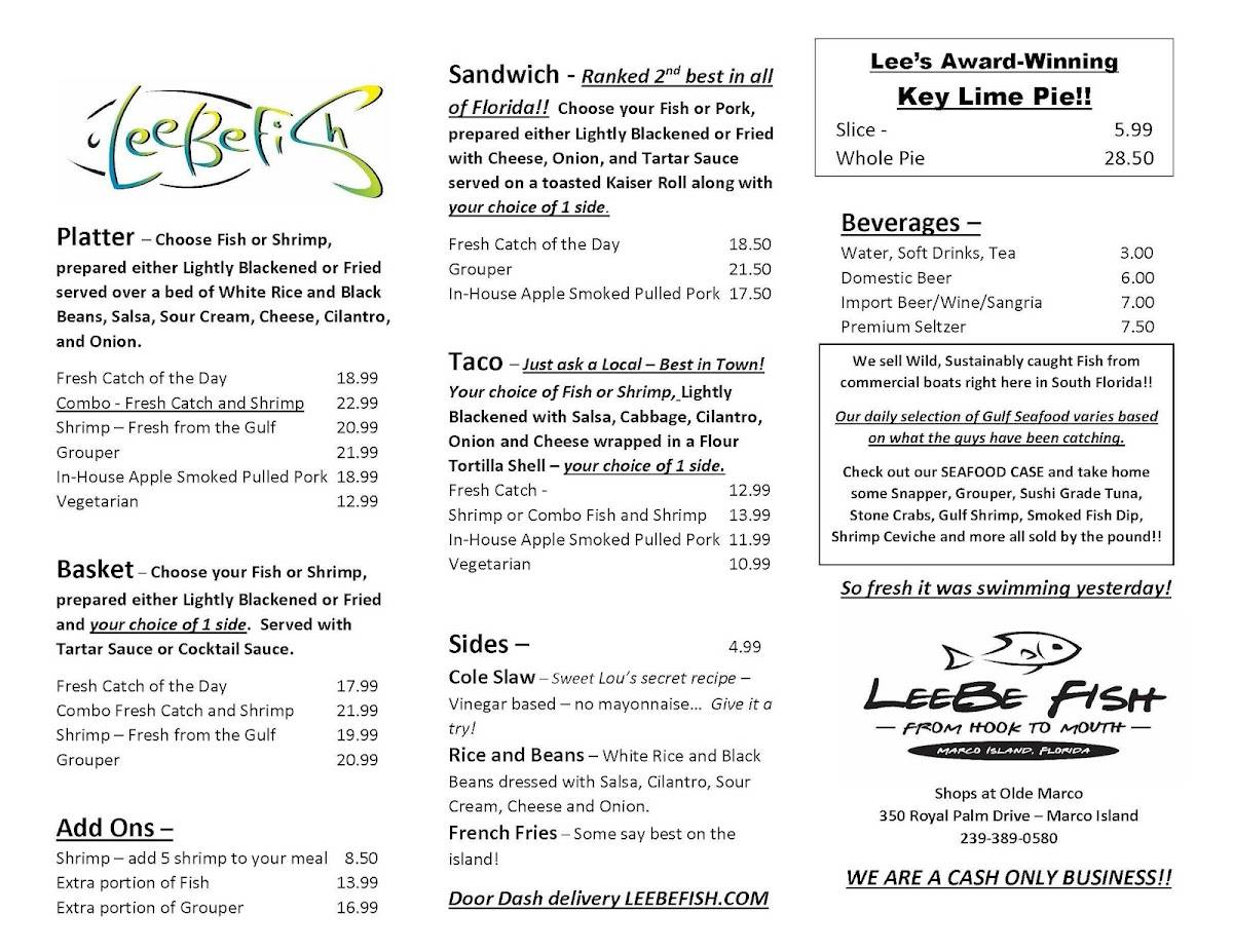 Menu at Lee Be Fish restaurant, Marco Island