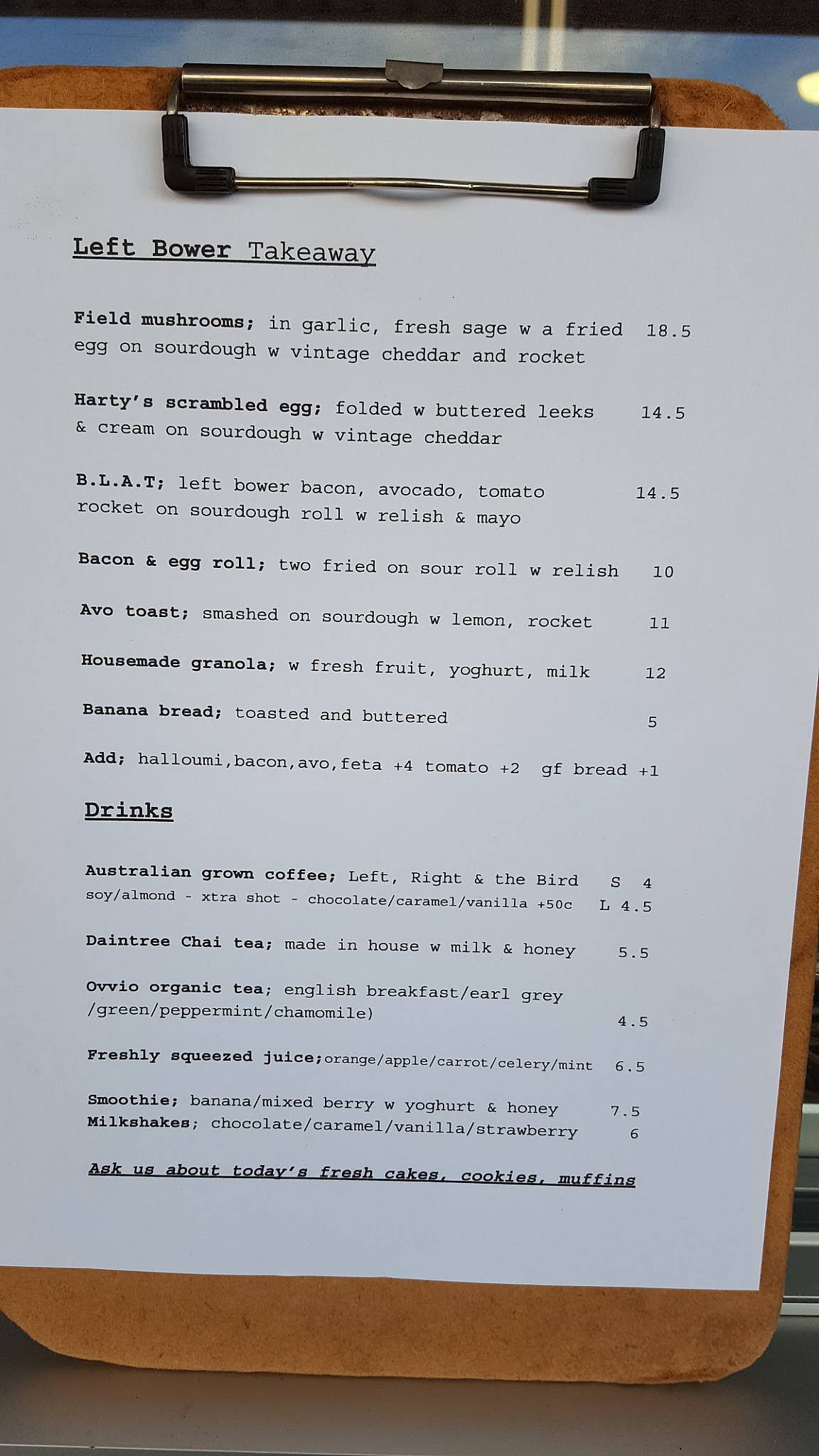 Menu at Left Bower cafe, Sutherland