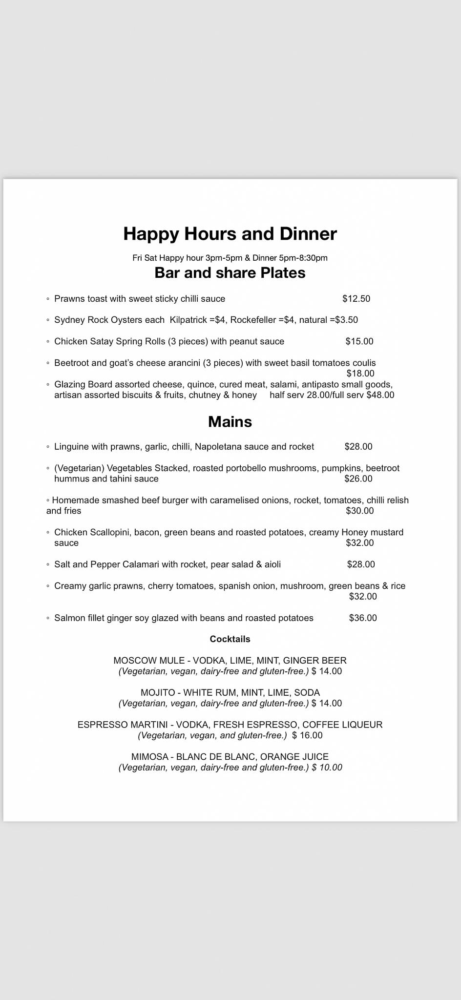Menu at Lena's Cafe and Bar, Warners Bay