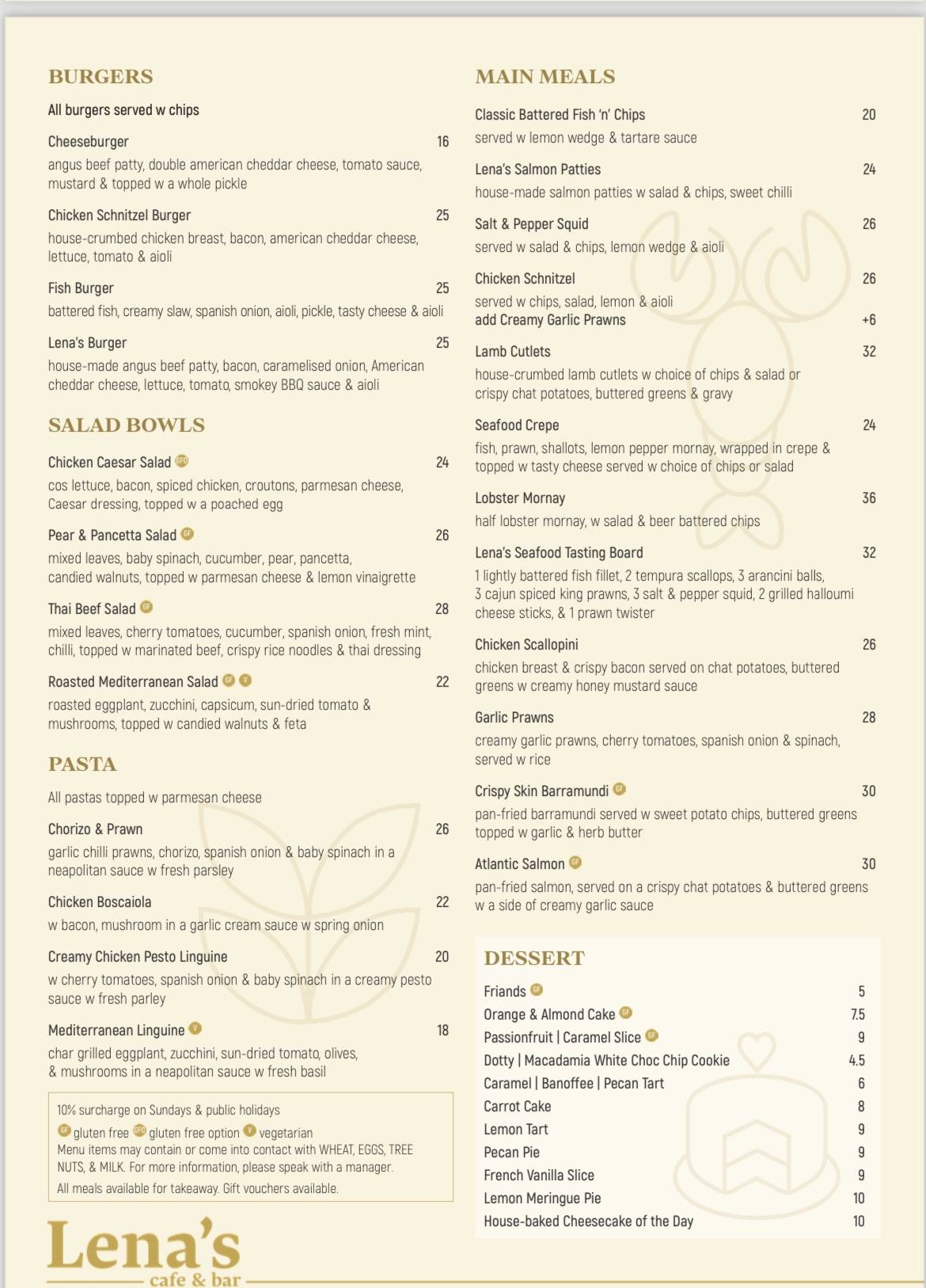 Menu at Lena's Cafe and Bar, Warners Bay
