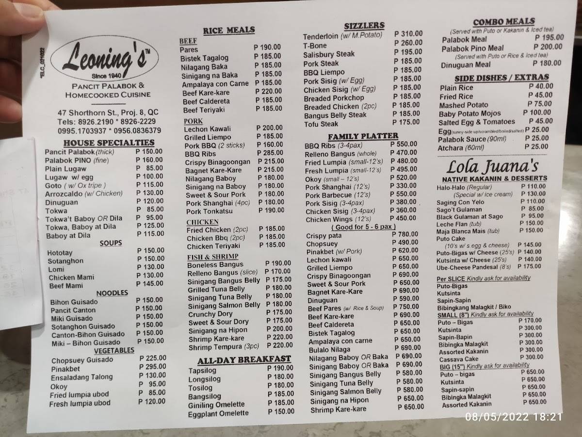 Menu at Leoning's Pancit Palabok restaurant, Quezon City, 1106 Shorthorn St