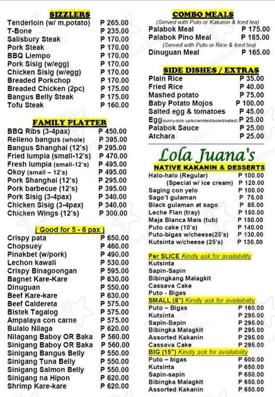 Menu at Leoning's Pancit Palabok restaurant, Quezon City, 1106 Shorthorn St