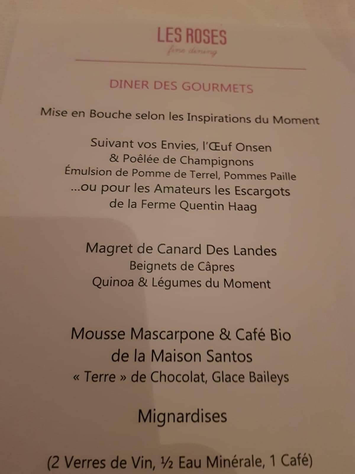 Menu au Les Roses restaurant, Mondorf-les-Bains
