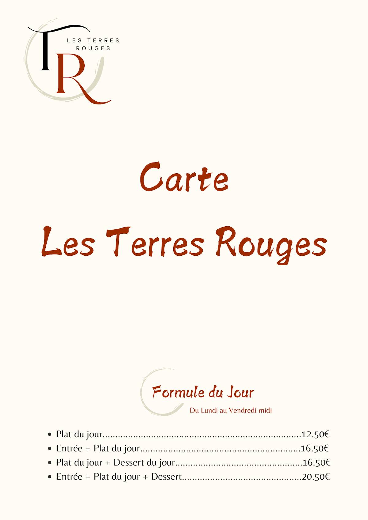 Menu at Les Terres Rouges restaurant, Chambœuf, 6 place de l'Eglise