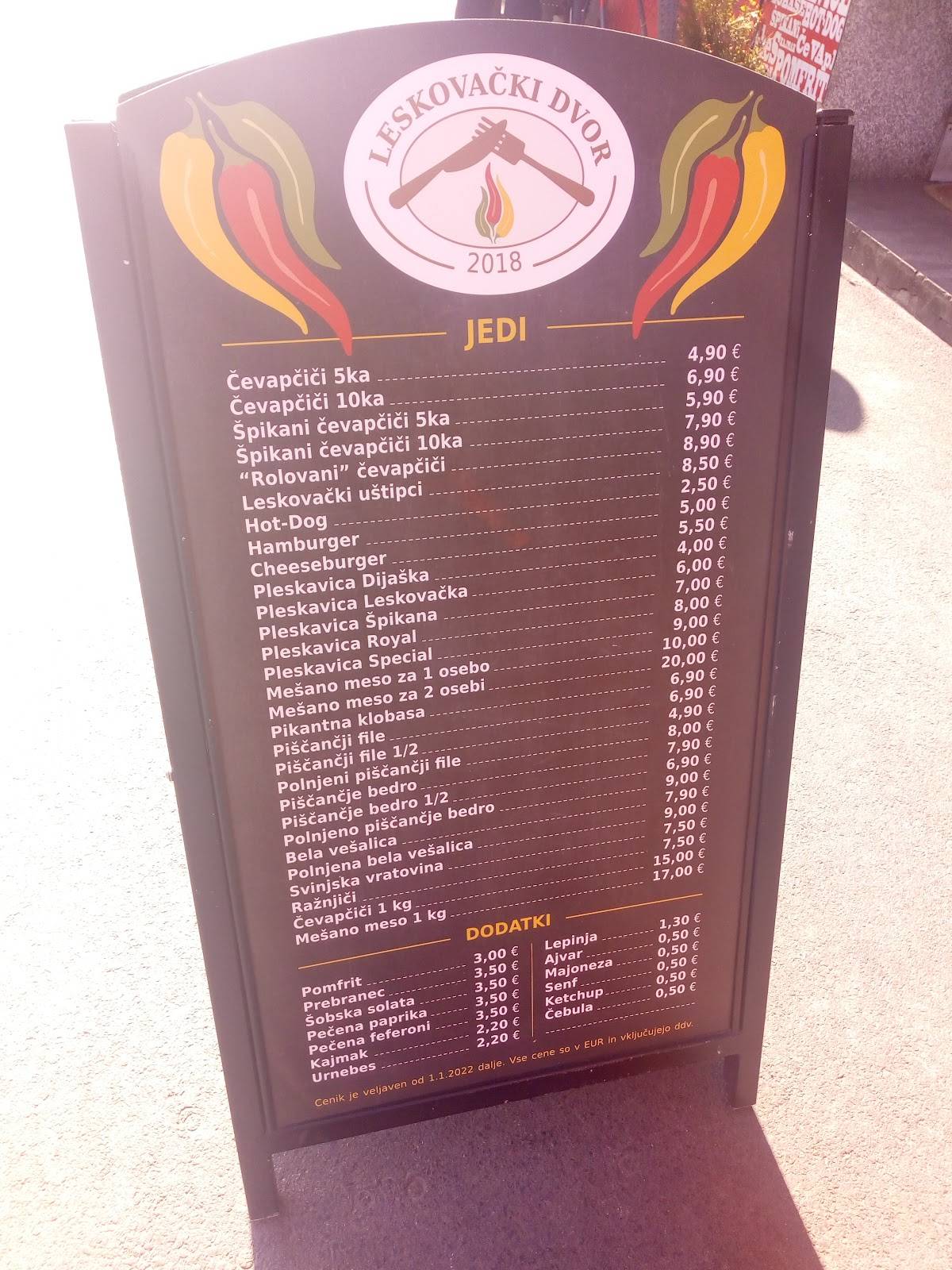 Menu au Leskovački dvor restaurant, Ljubljana
