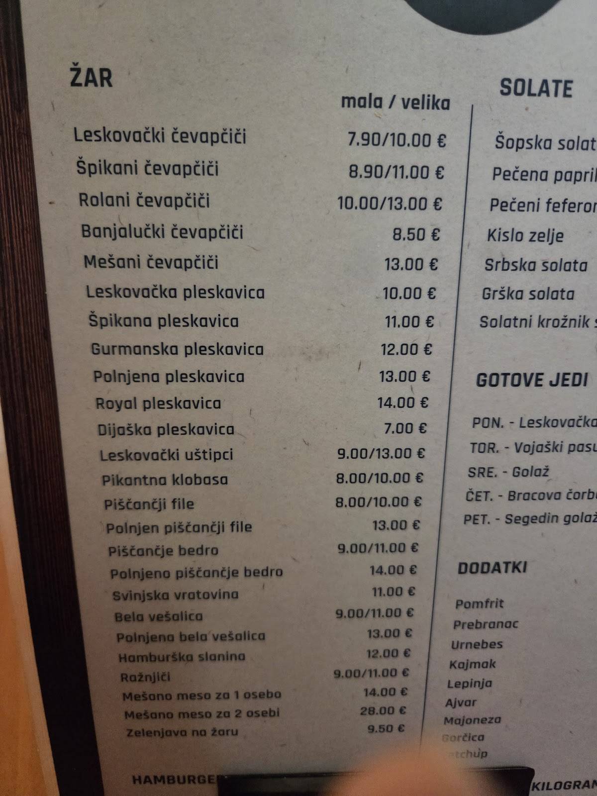 Menu at Leskovački dvor restaurant, Ljubljana
