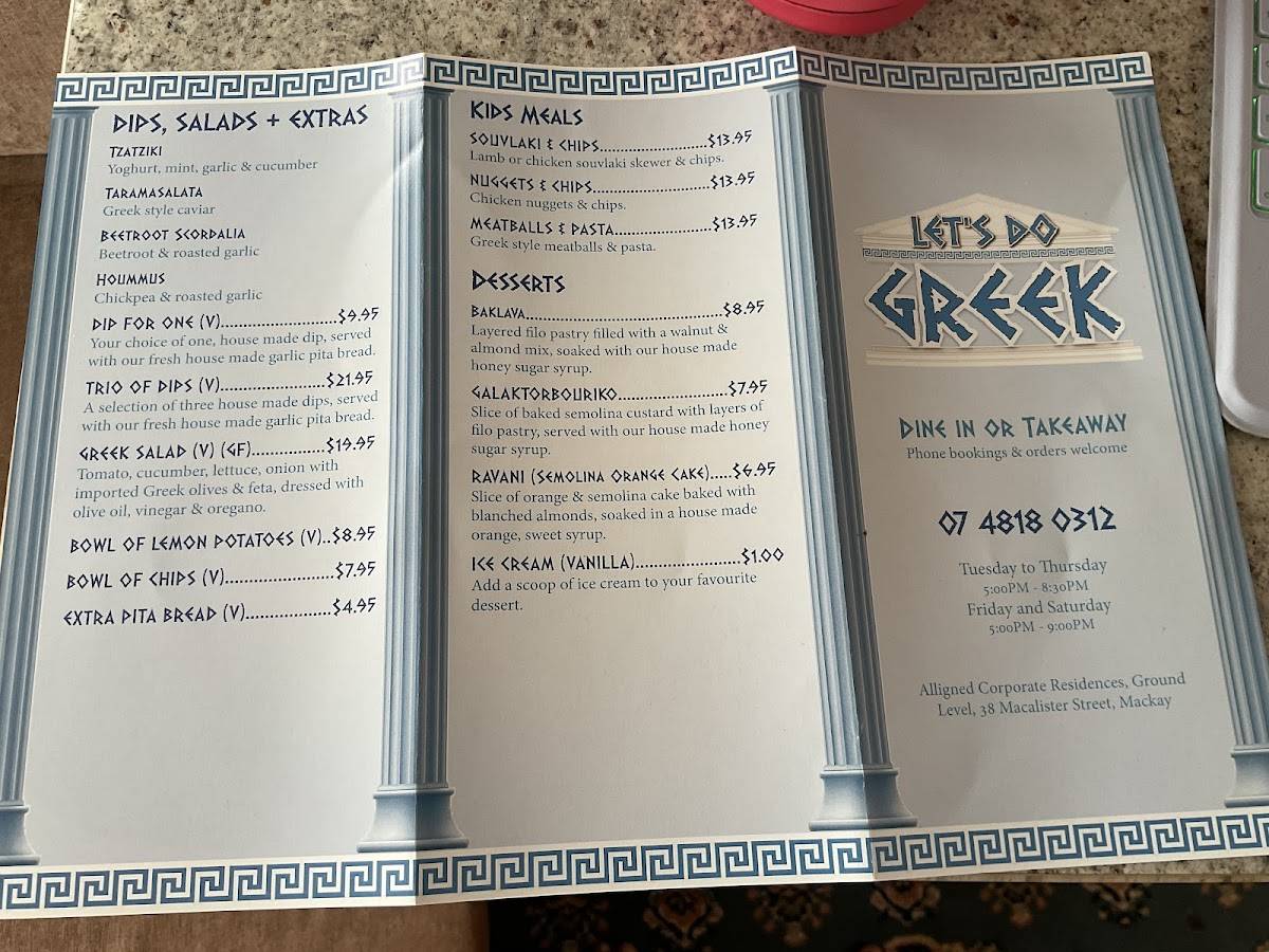 Menu at Let's Do Greek restaurant, Mackay