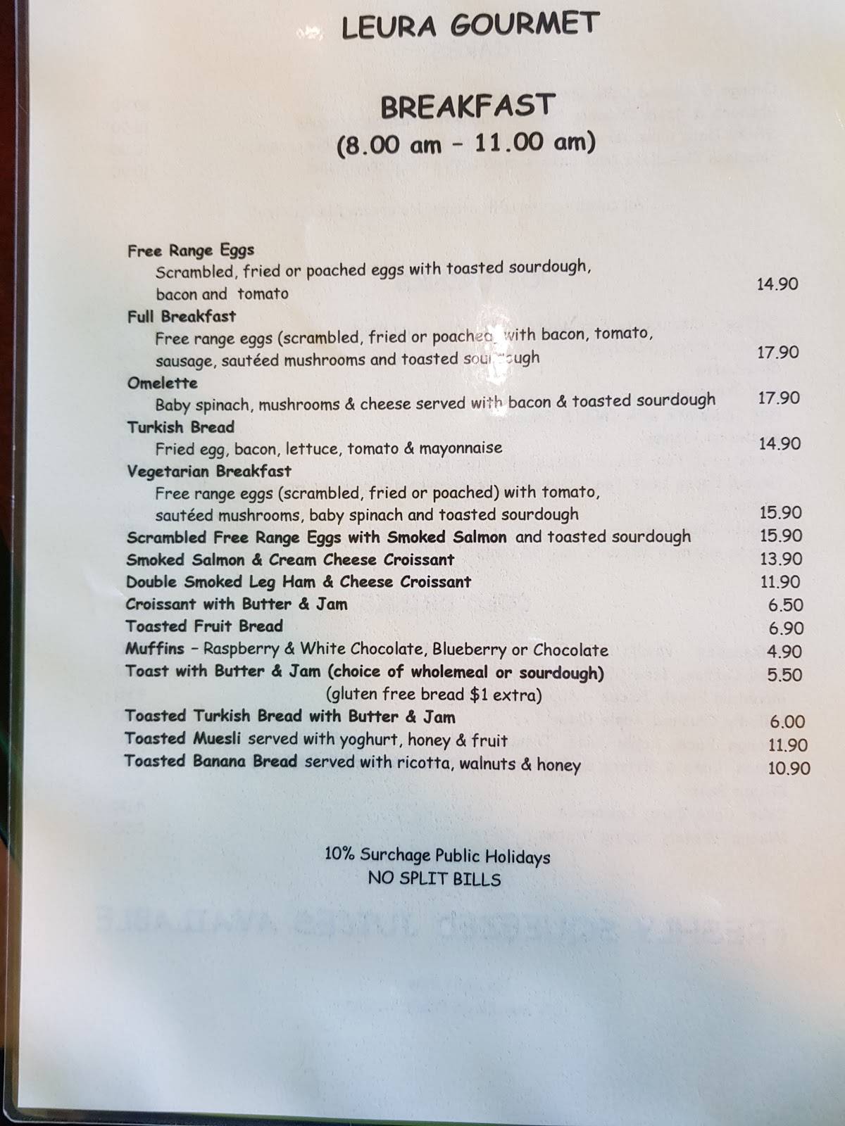Menu at Leura Gourmet cafe, Leura, 159 Leura Mall