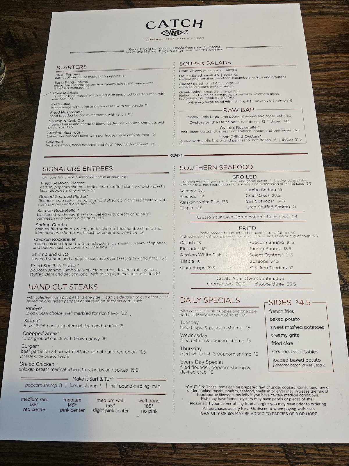 Menu at Catch Seafood steakhouse, Lexington