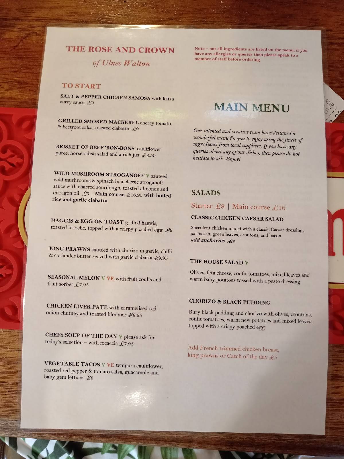 Menu at The Rose & Crown pub & bar, Leyland, 220 Southport Rd