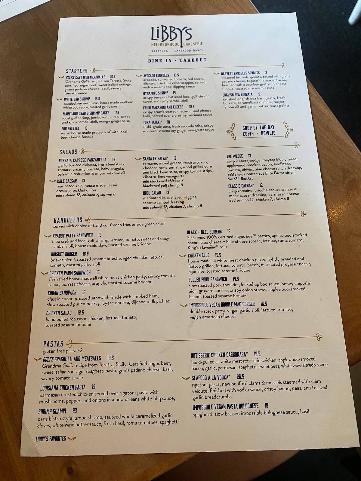 Menu at Libby's restaurant, Lakewood Ranch