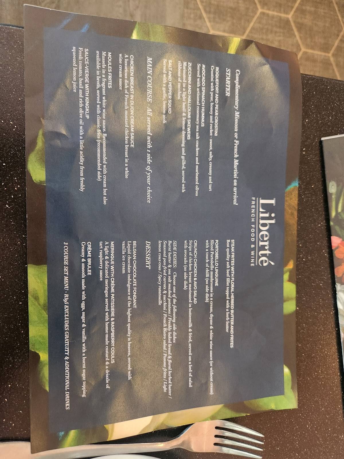 Menu at Liberté Restaurant, Randburg, 345 Jan Smuts Ave