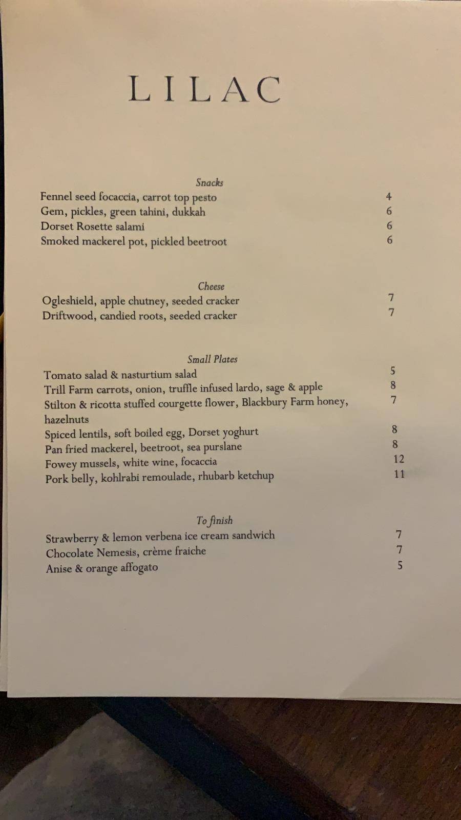 Menu at Lilac Restaurant & Wine Bar, Lyme Regis