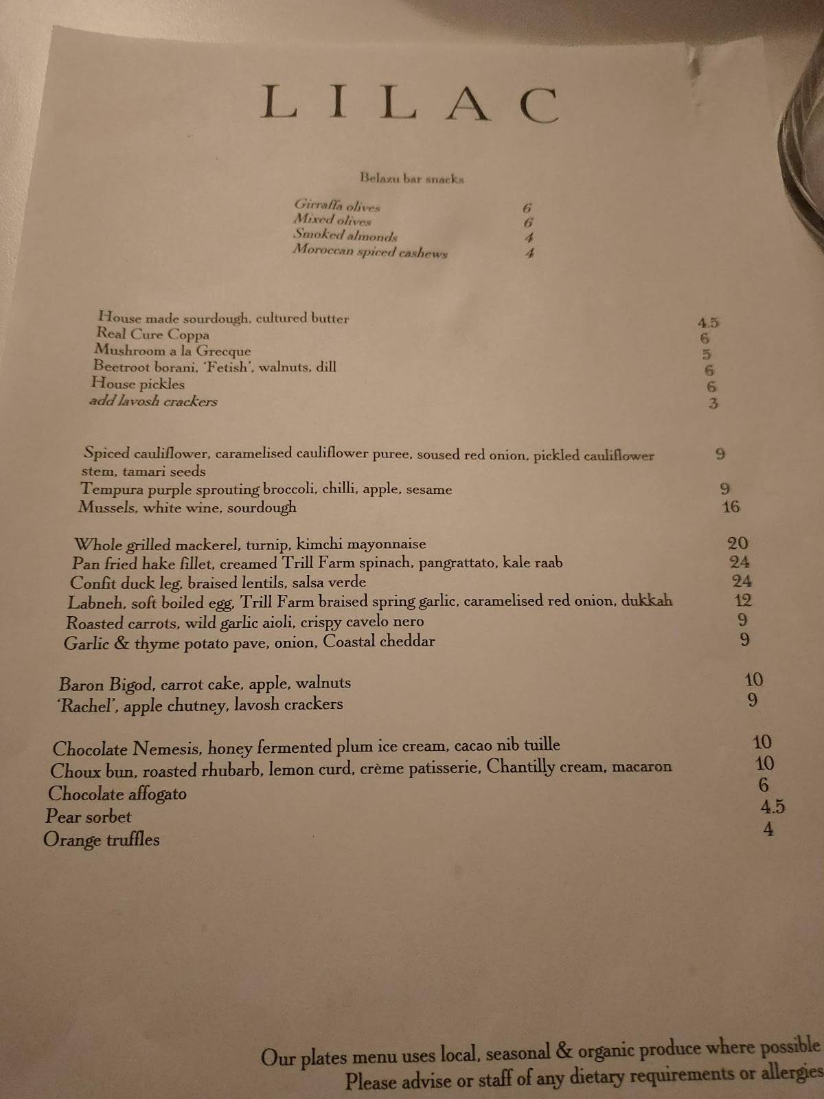 Menu at Lilac Restaurant & Wine Bar, Lyme Regis