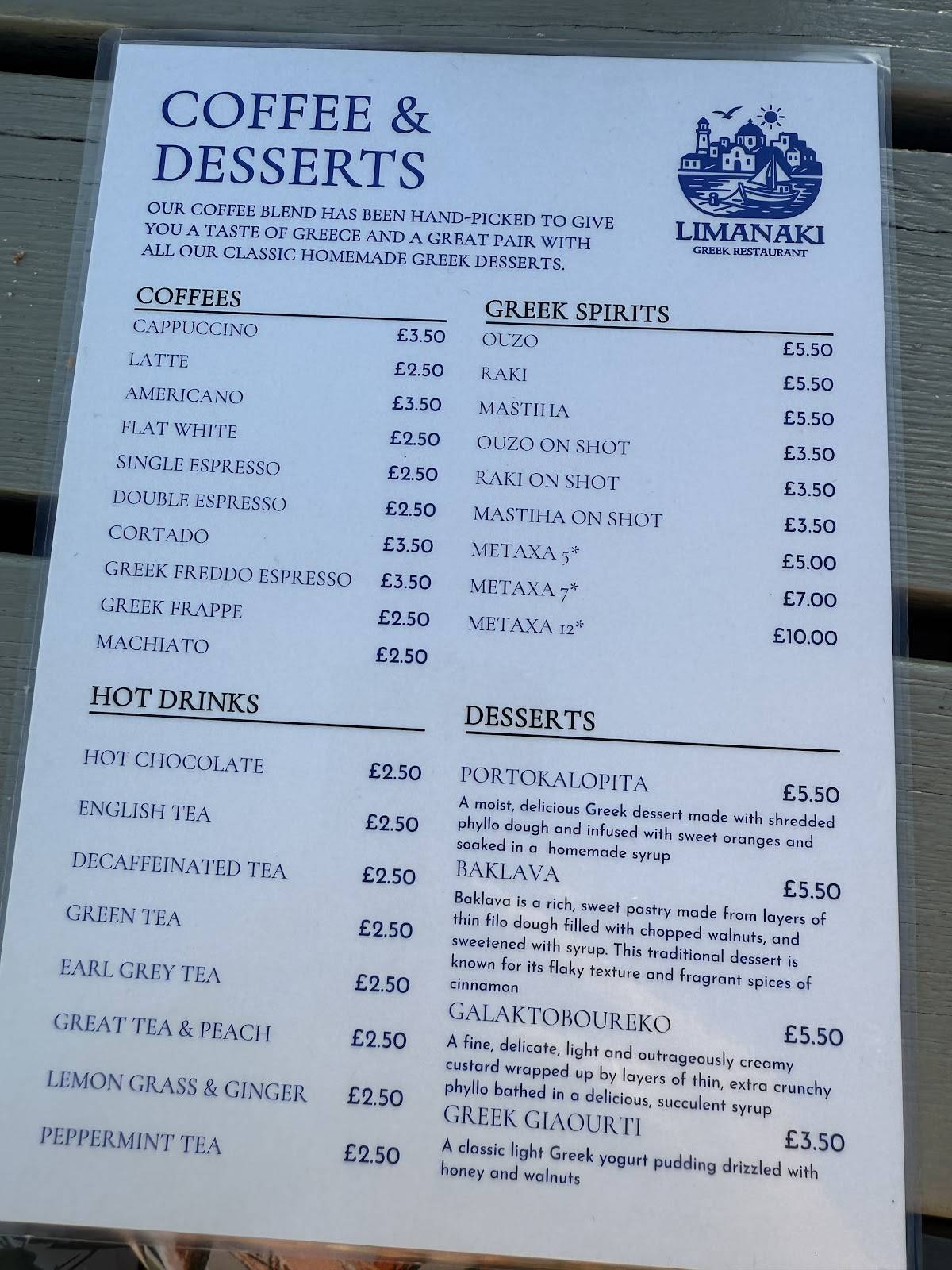 Carta de Limanaki Greek Restaurant UK, Hartlepool
