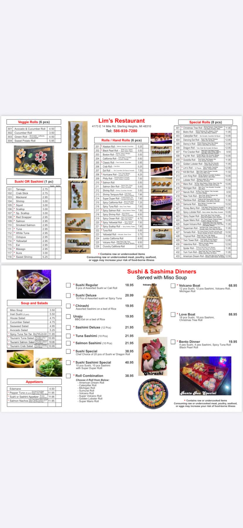 Menu at Lims Chinese and Sushi Restaurant, Sterling Heights