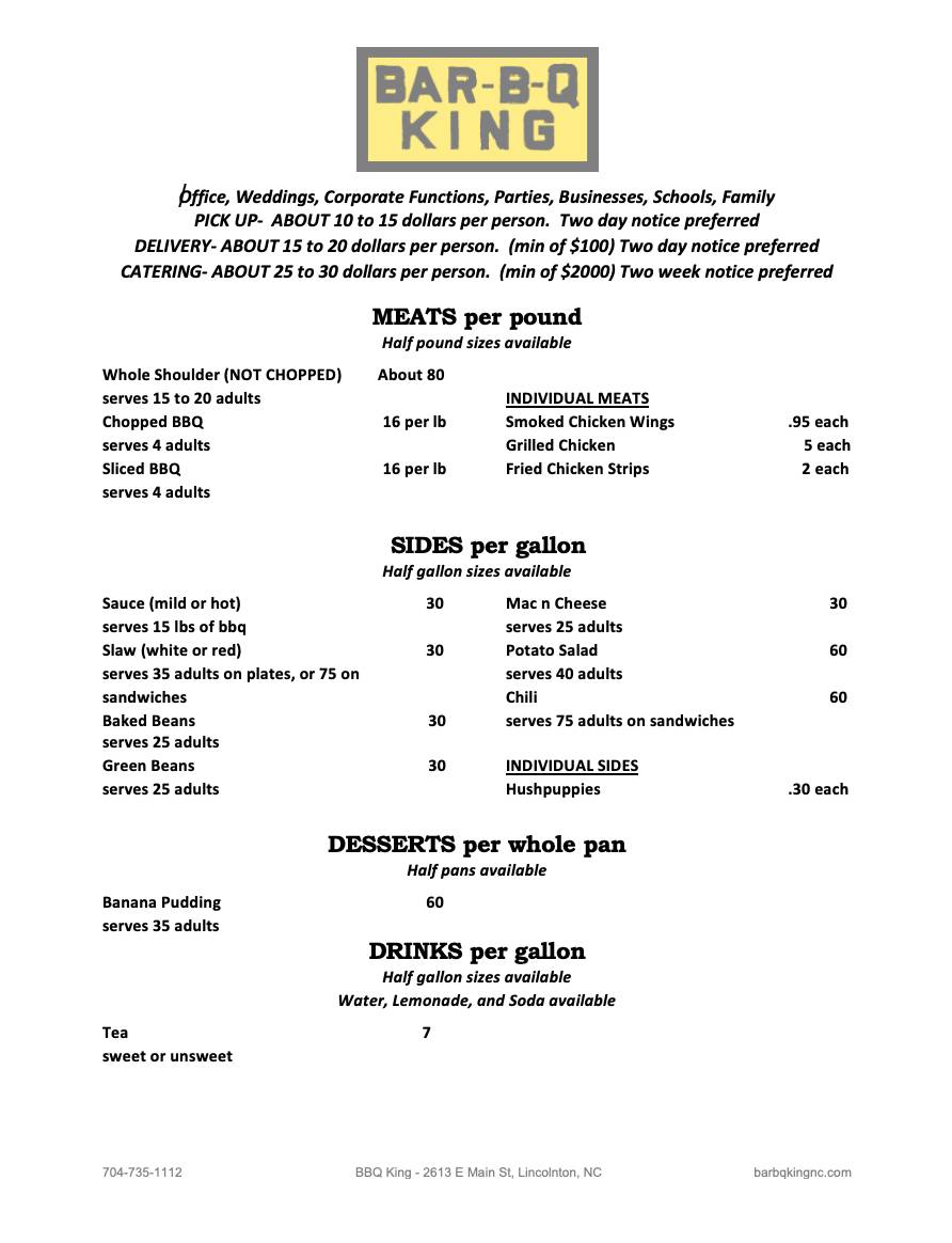 Menu at BBQ King, Lincolnton